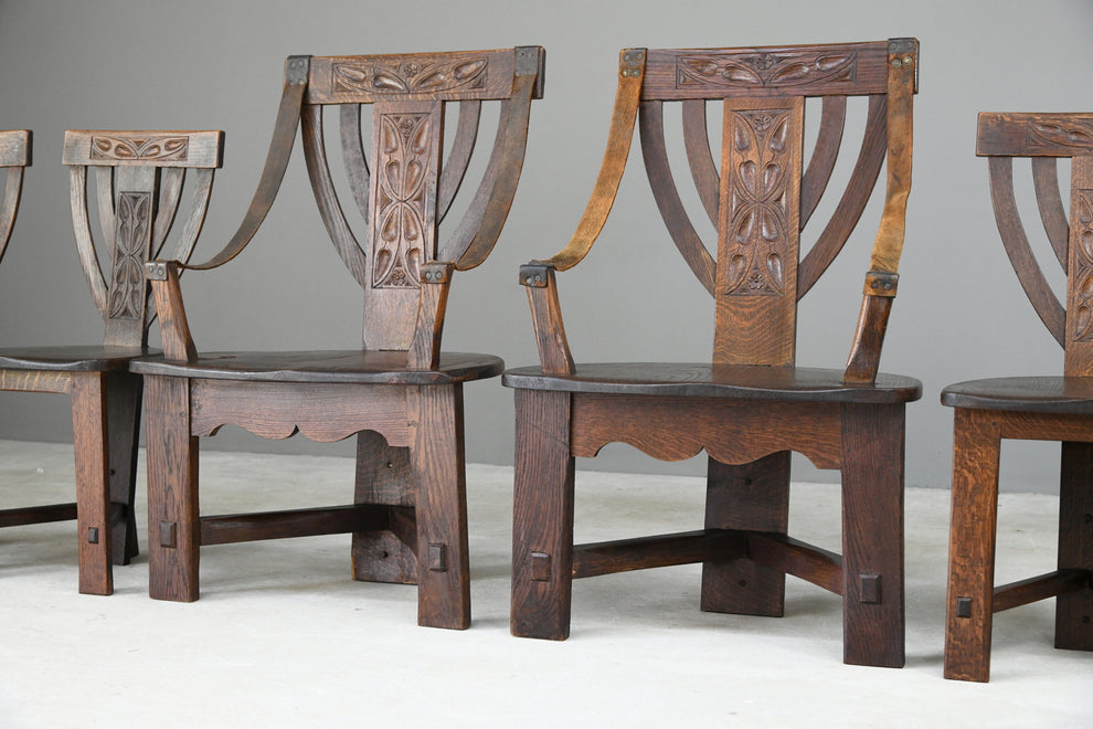 6 Arts & Crafts Carved Oak Chairs – Kernow Furniture