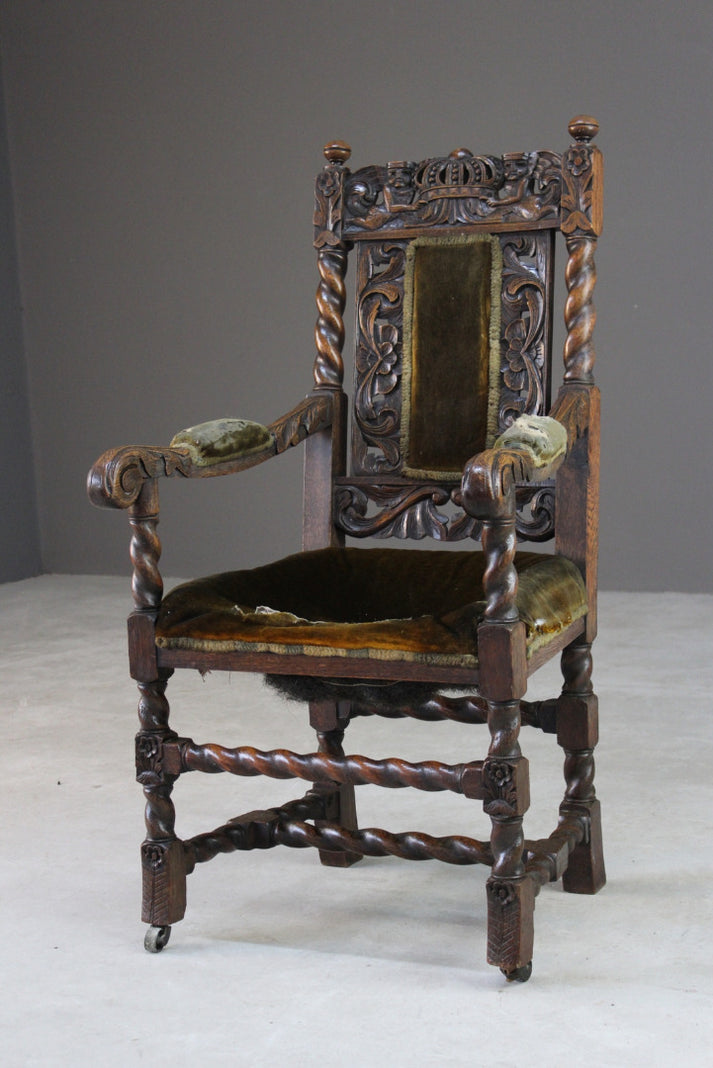 Antique Carved Oak Open Arm Chair – Kernow Furniture